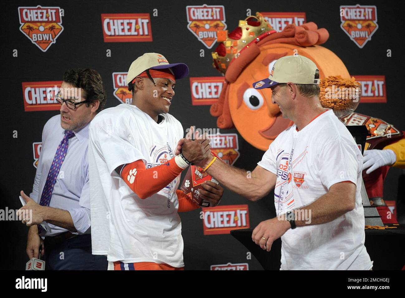 Clemson head coach Dabo Swinney, right, and cornerback Mario Goodrich ...