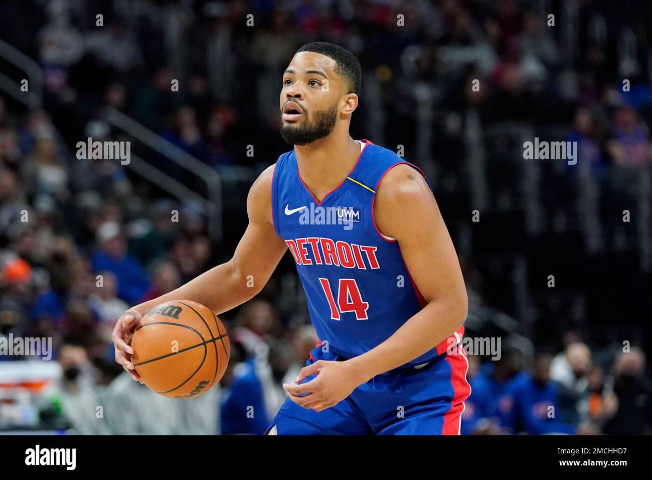 Detroit Pistons guard Cassius Stanley brings the ball up court during ...