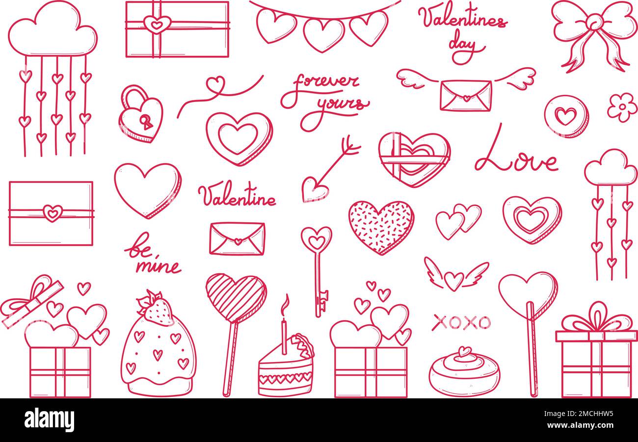 Valentines day vector hand drawn set of doodles. Cute romantic love ...