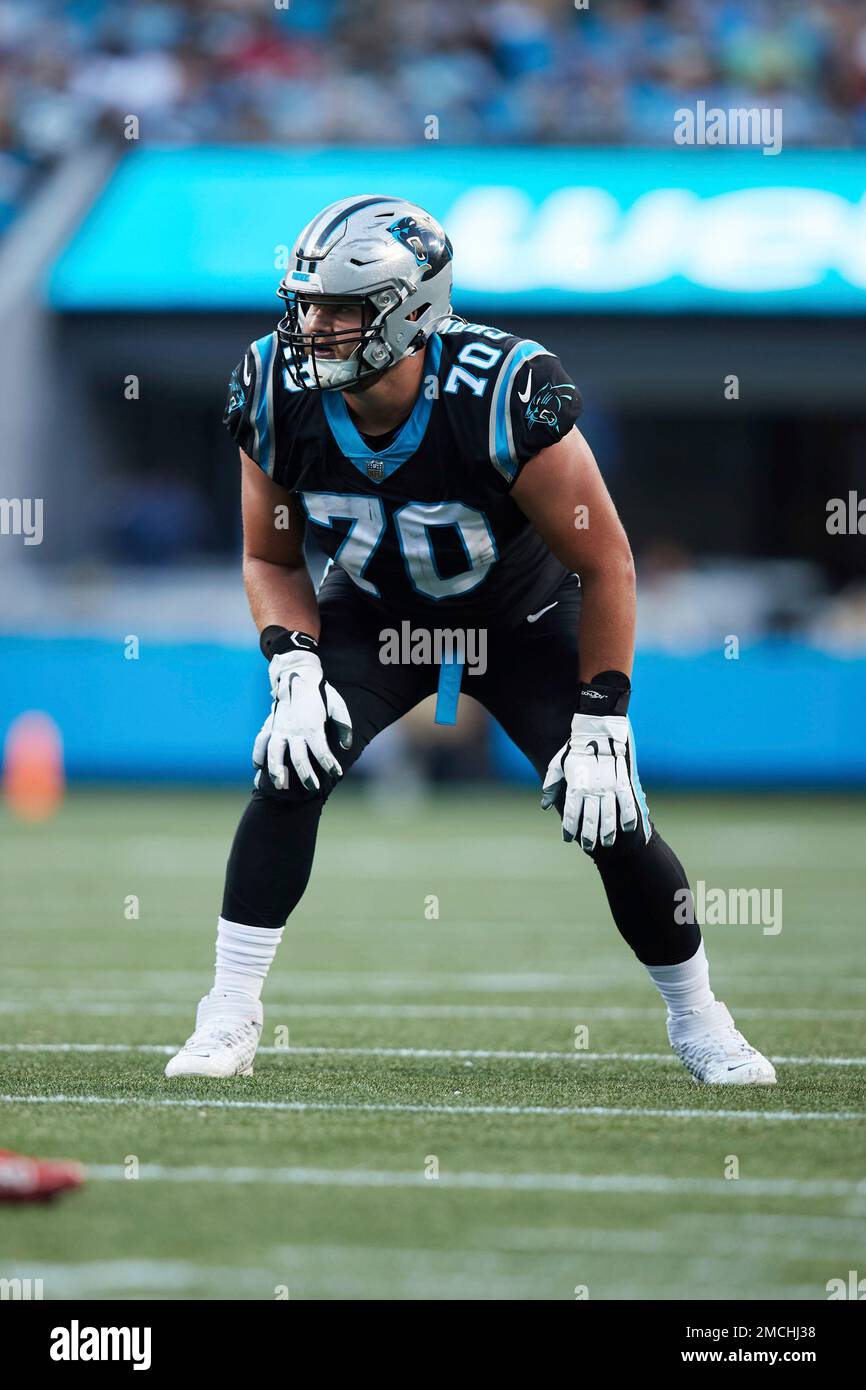 Carolina Panthers offensive tackle Brady Christensen (70) lines up on ...