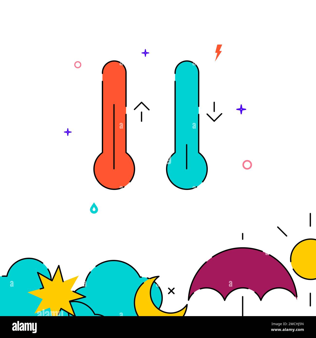 Thermometers, warm, cool filled line icon, simple illustration, weather ...