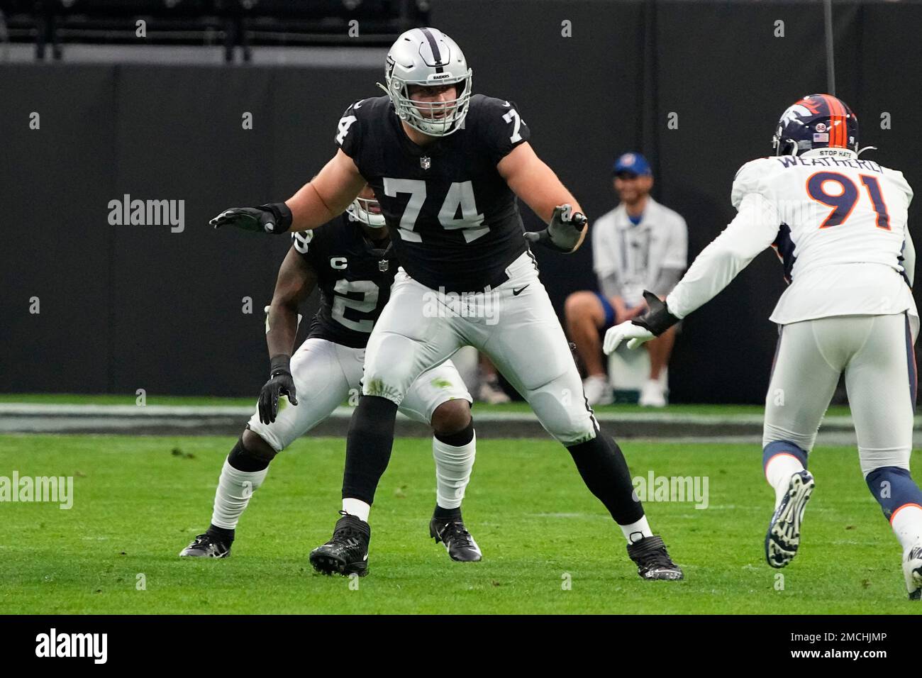 Las Vegas Raiders offensive tackle Kolton Miller (74) during the first ...