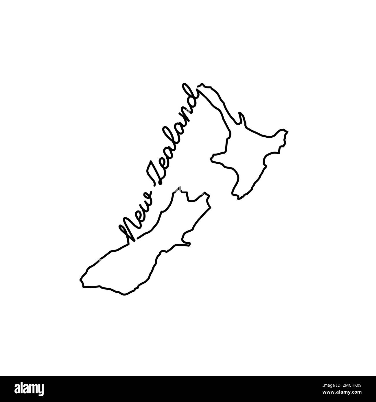 New Zealand outline map with the handwritten country name. Continuous ...