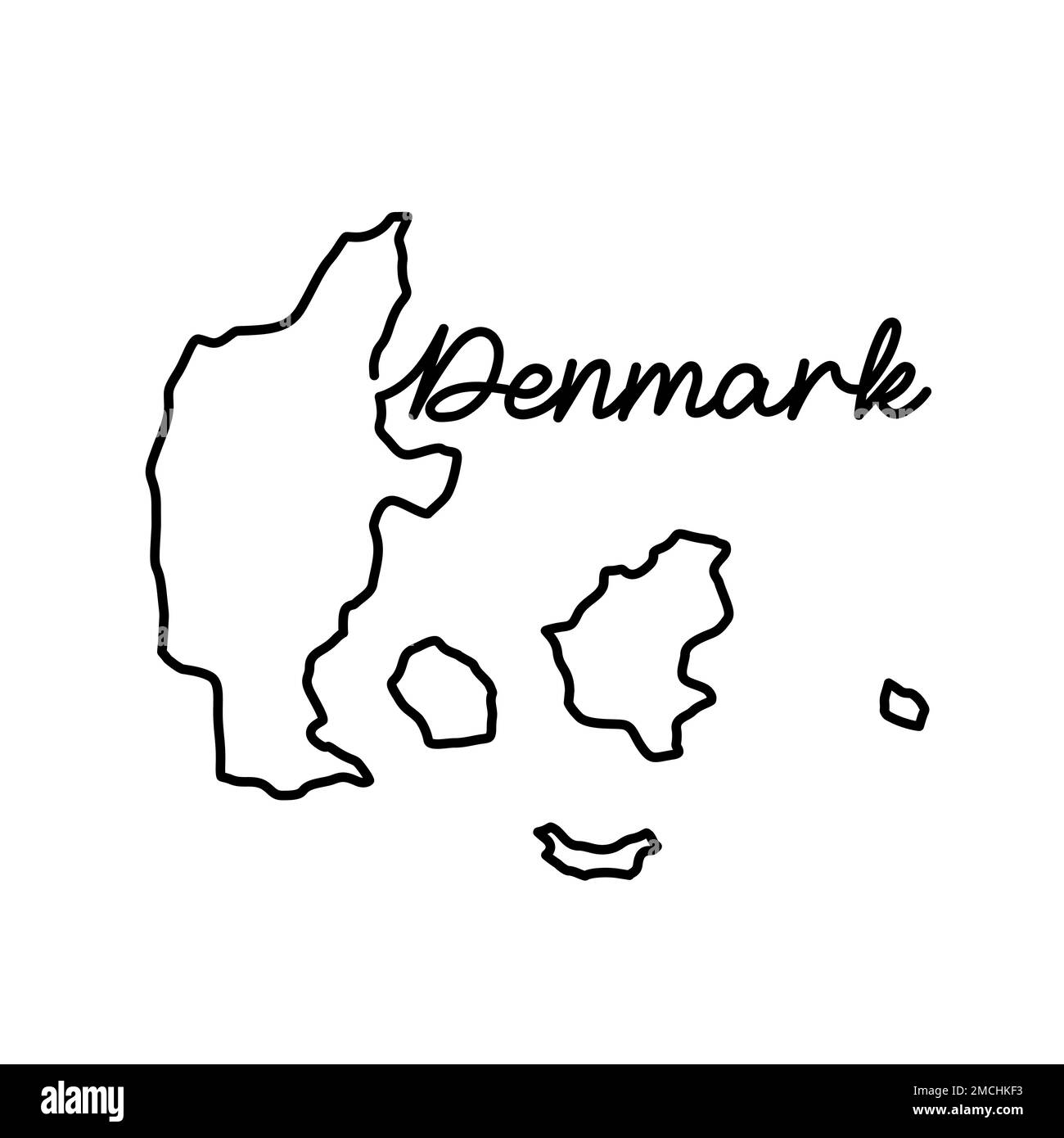 Denmark outline map with the handwritten country name. Continuous line ...