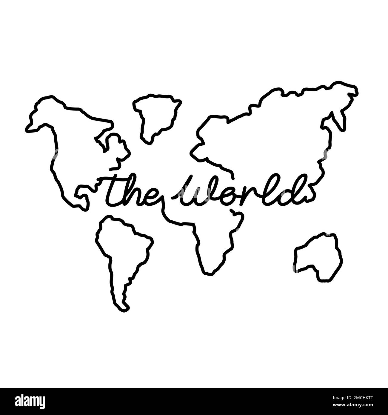 World outline map with the handwritten country name. Continuous line ...