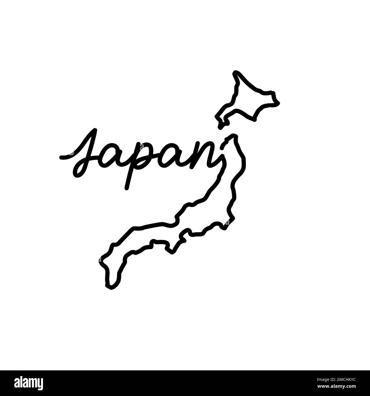 Japan outline map with the handwritten country name. Continuous line ...