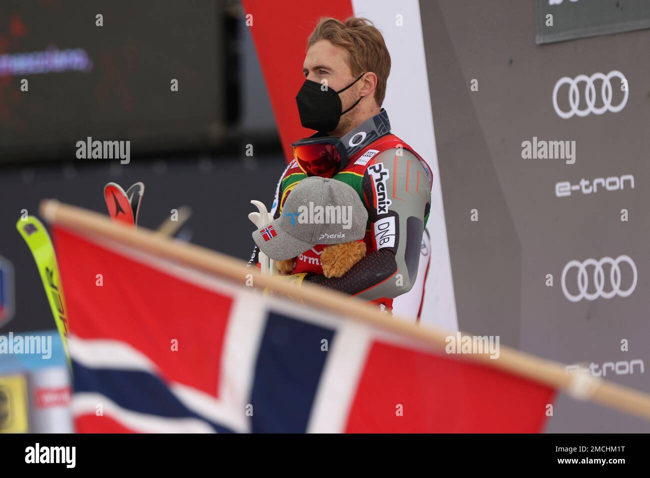 Norway's Aleksander Aamodt Kilde celebrates on the podium after winning ...