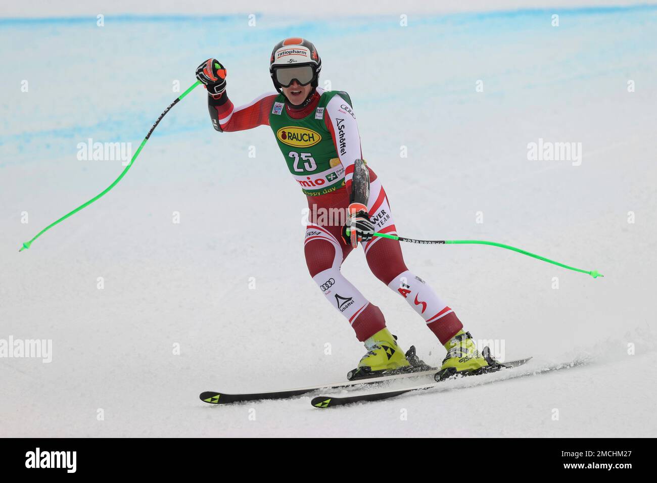 Austria's Raphael Haaser celebrates at the finish line during an alpine ...