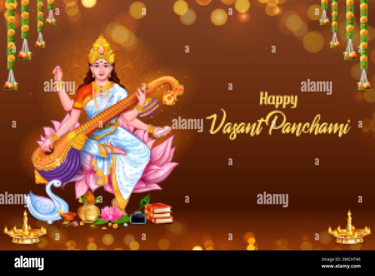 illustration of Goddess of Wisdom Saraswati for Vasant Panchami India festival background Stock ...