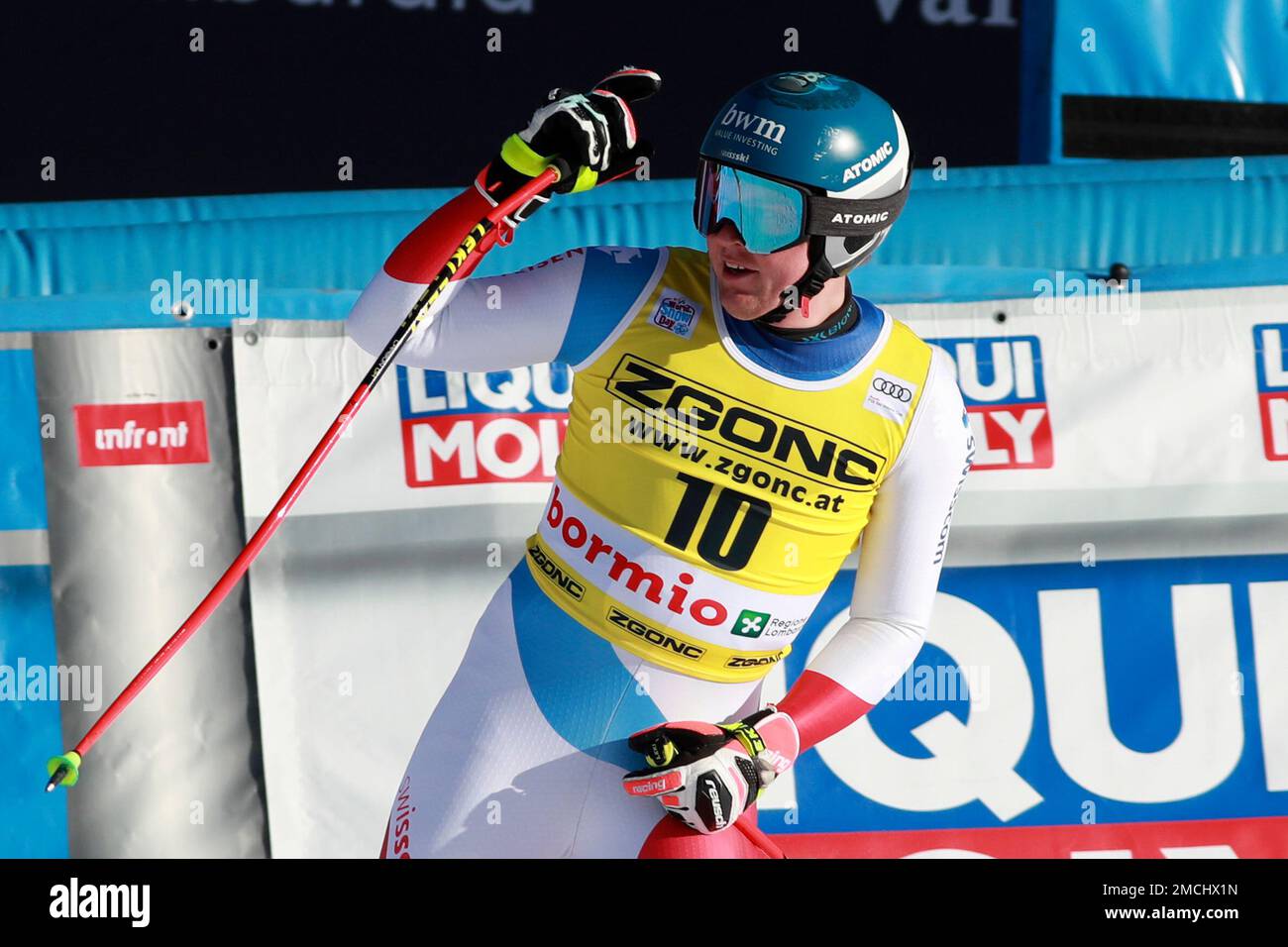Switzerland's Niels Hintermann celebrates at the finish area of an ...