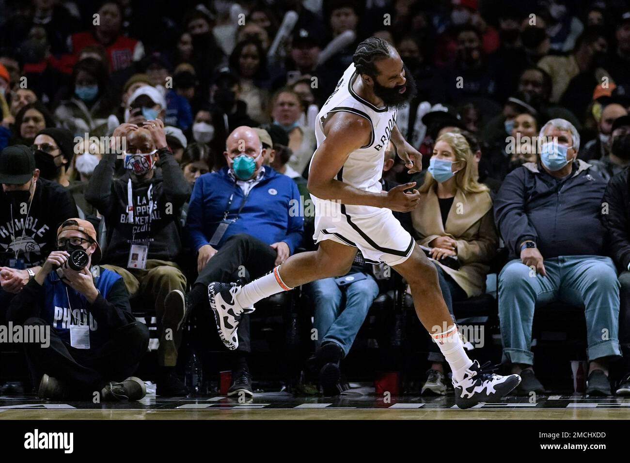 Brooklyn Nets' James Harden reacts after making a basket during second ...