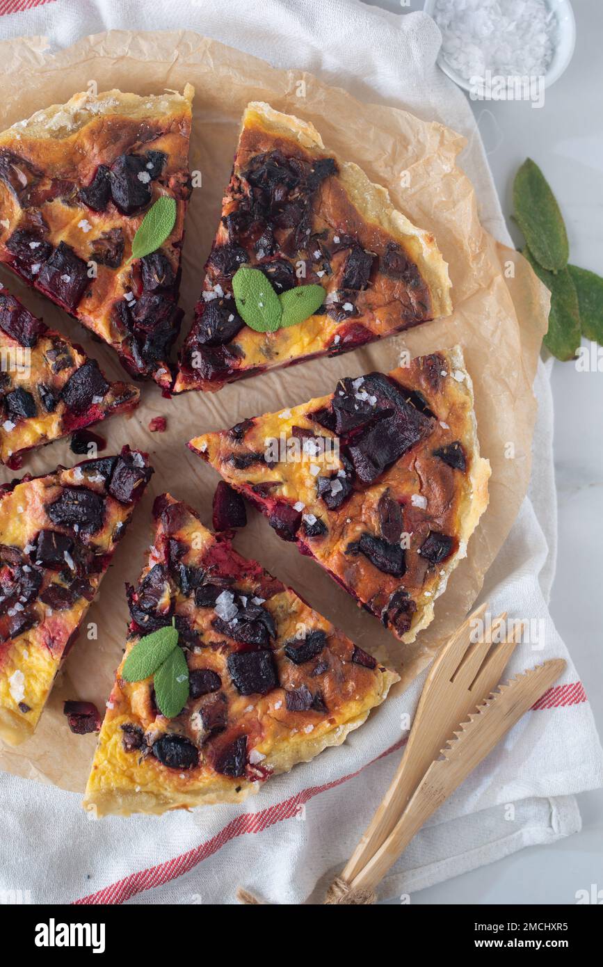 Fresh homemade tart with feta cheese and beetroot Stock Photo - Alamy