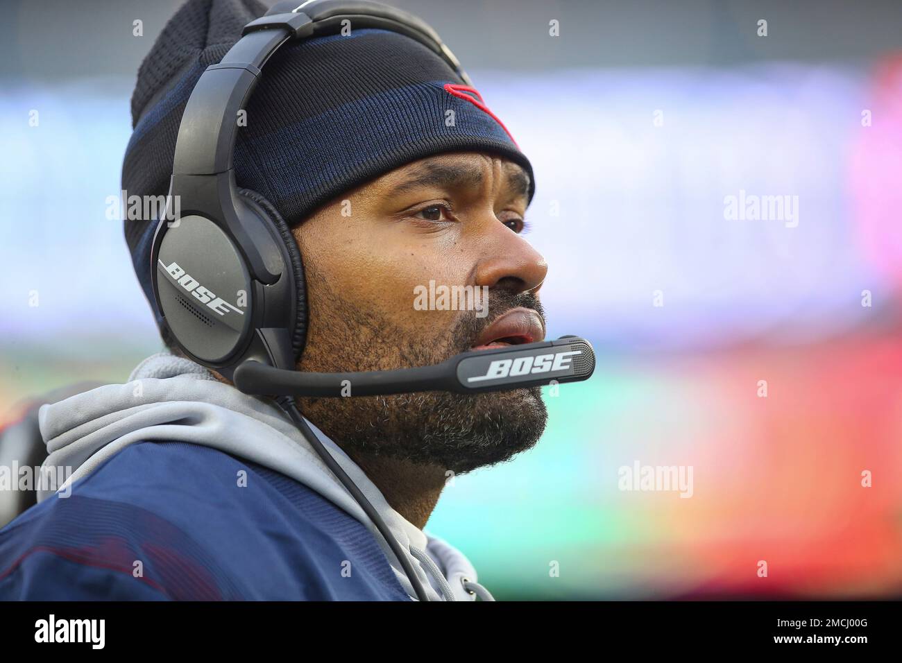 New England Patriots inside linebacker coach Jerod Mayo watches from ...