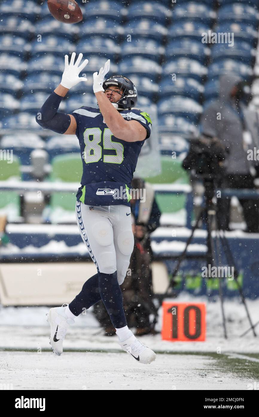 Seattle Seahawks tight end Tyler Mabry catches a pass in the snow ...