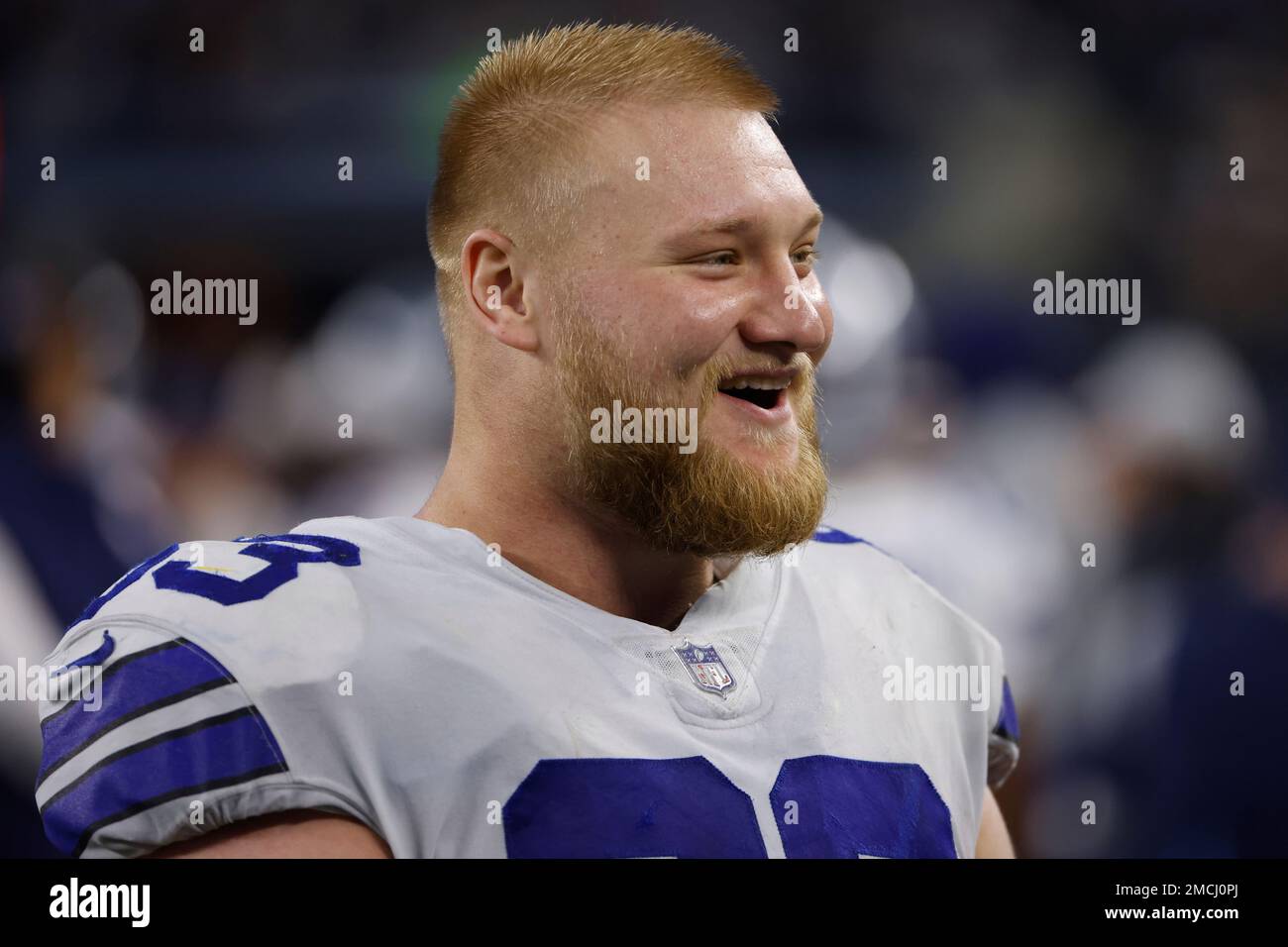 Dallas Cowboys center Tyler Biadasz (63) looks on from the sideline as ...