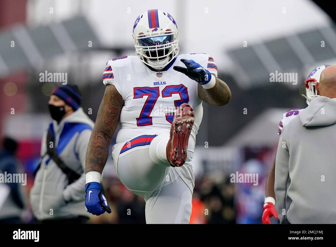 Buffalo Bills offensive tackle Dion Dawkins (73) warms up prior to an ...
