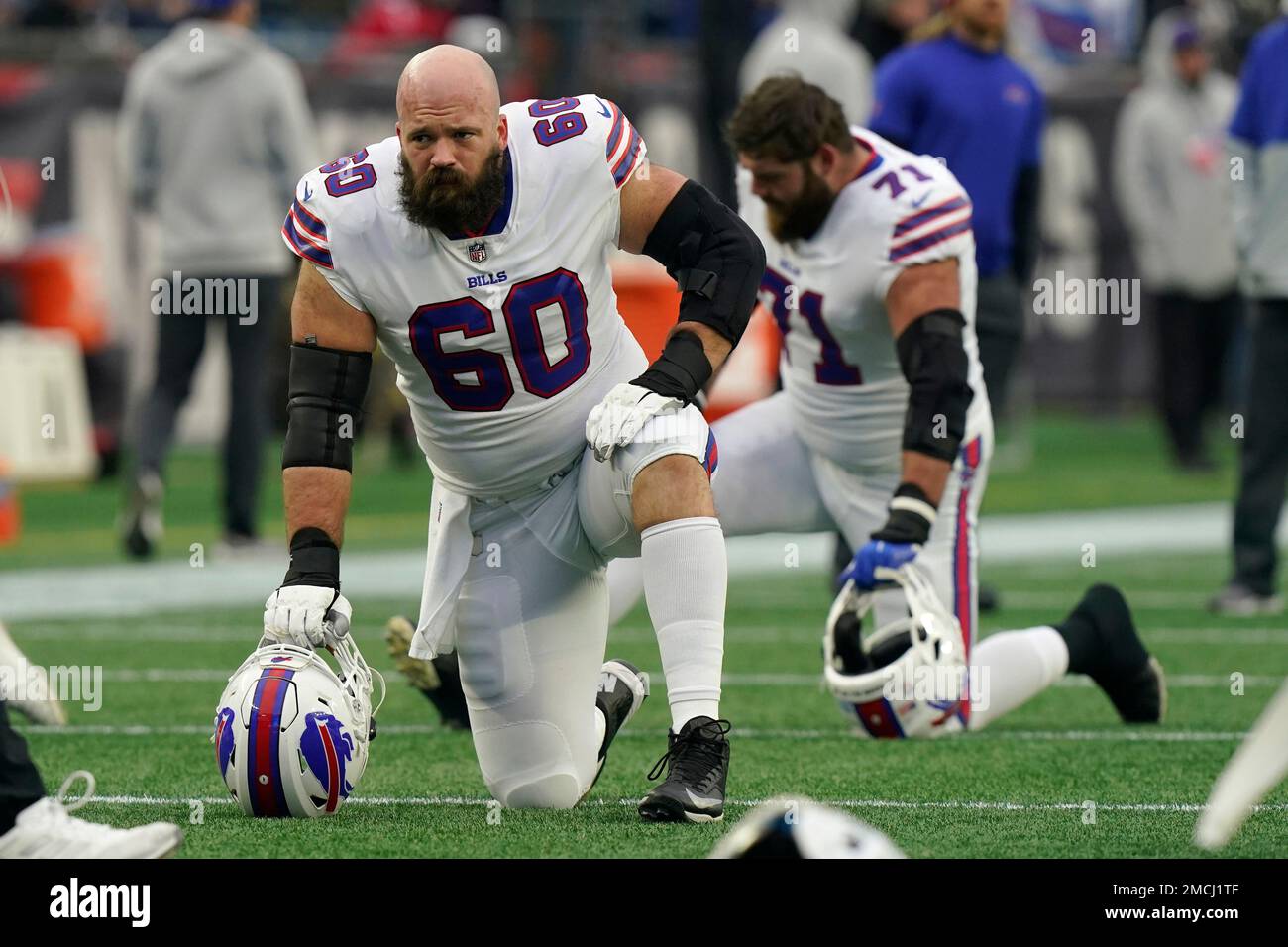 Buffalo Bills center Mitch Morse (60) warms up prior to an NFL football ...