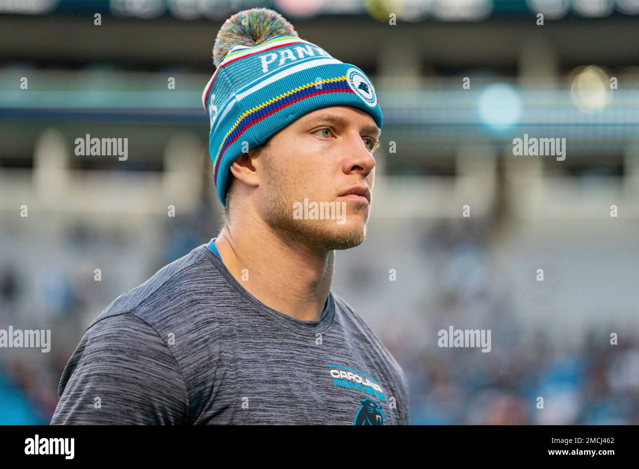 Carolina Panthers running back Christian McCaffrey walks off the field ...