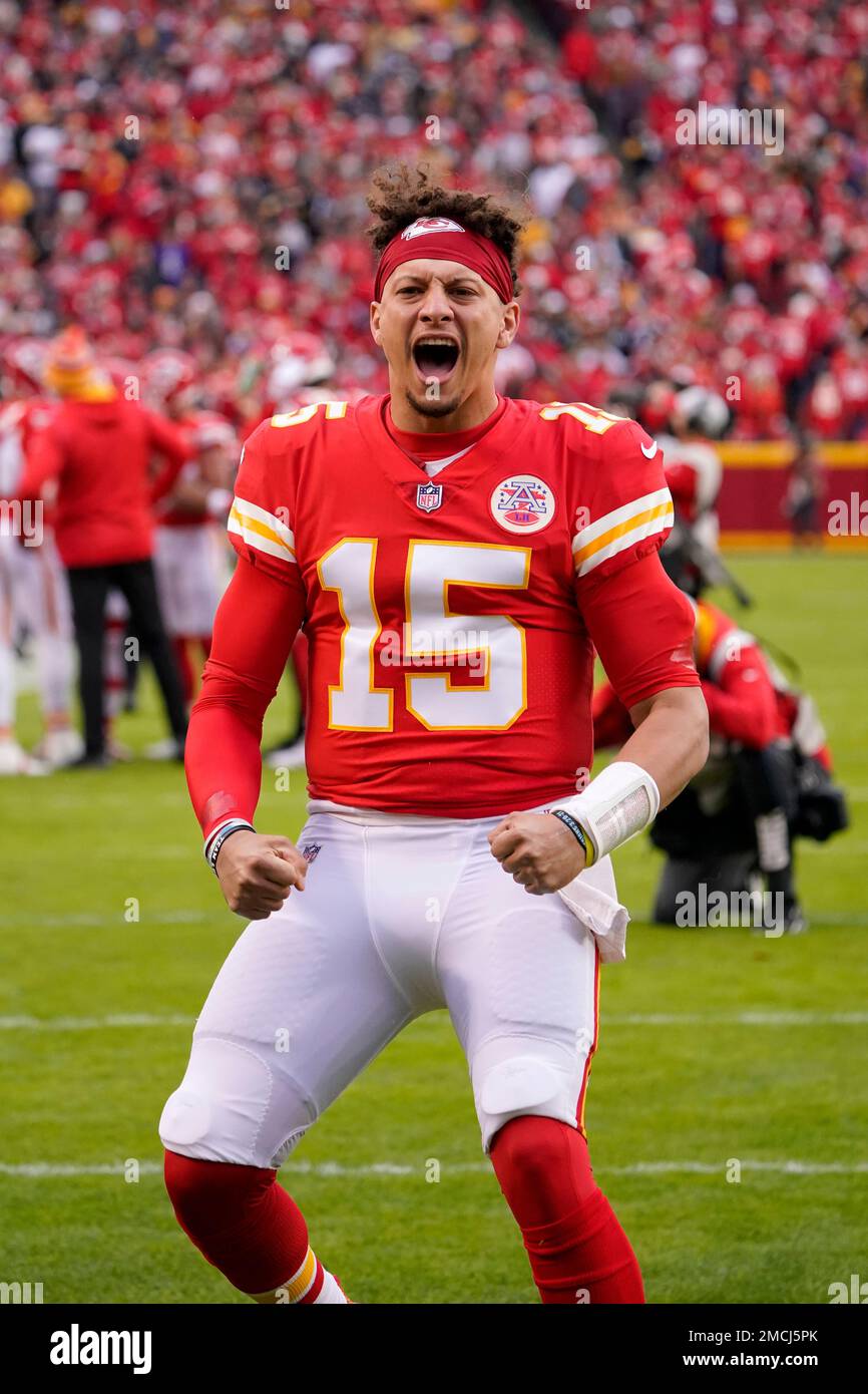 Kansas City Chiefs quarterback Patrick Mahomes yells before the start ...