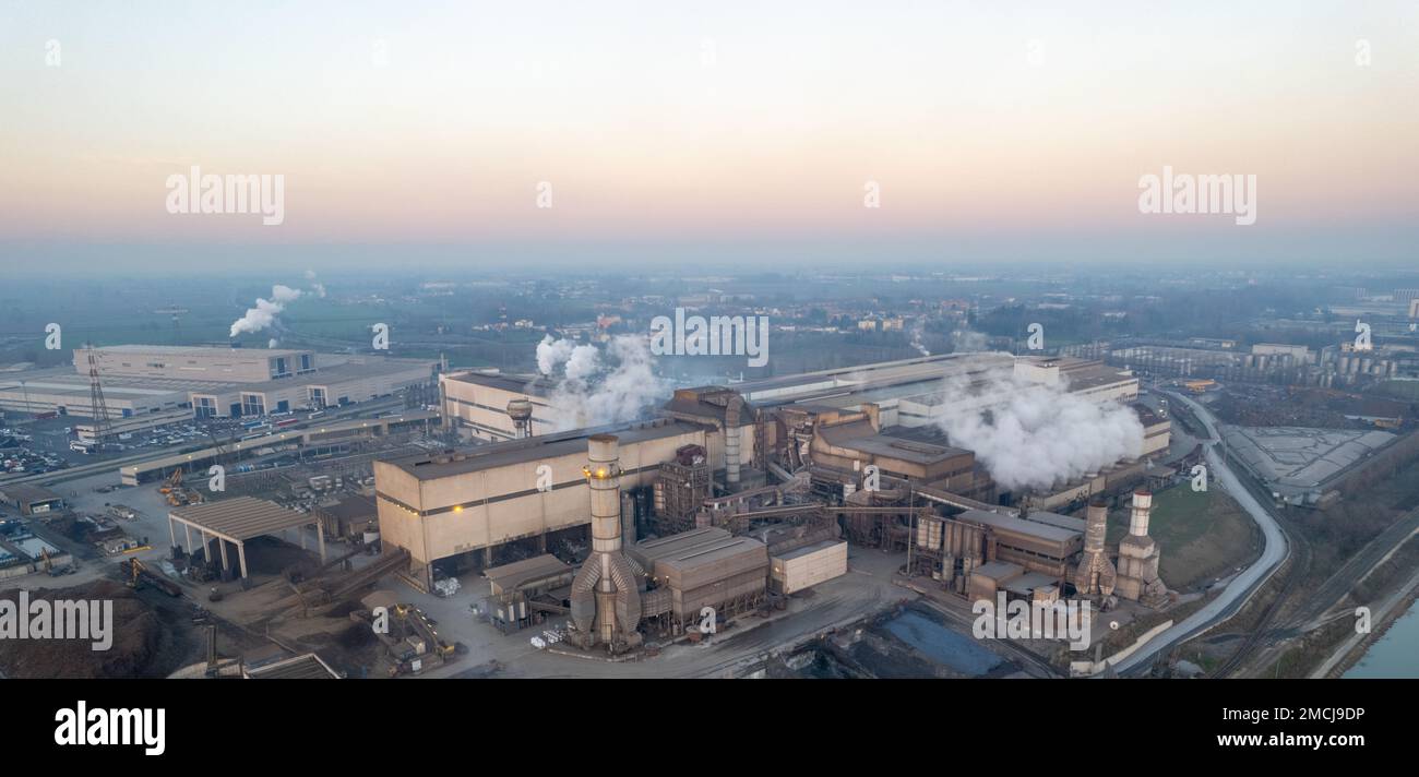 Cremona, Italy - January 2022 Drone aerial view of Arvedi working steel ...