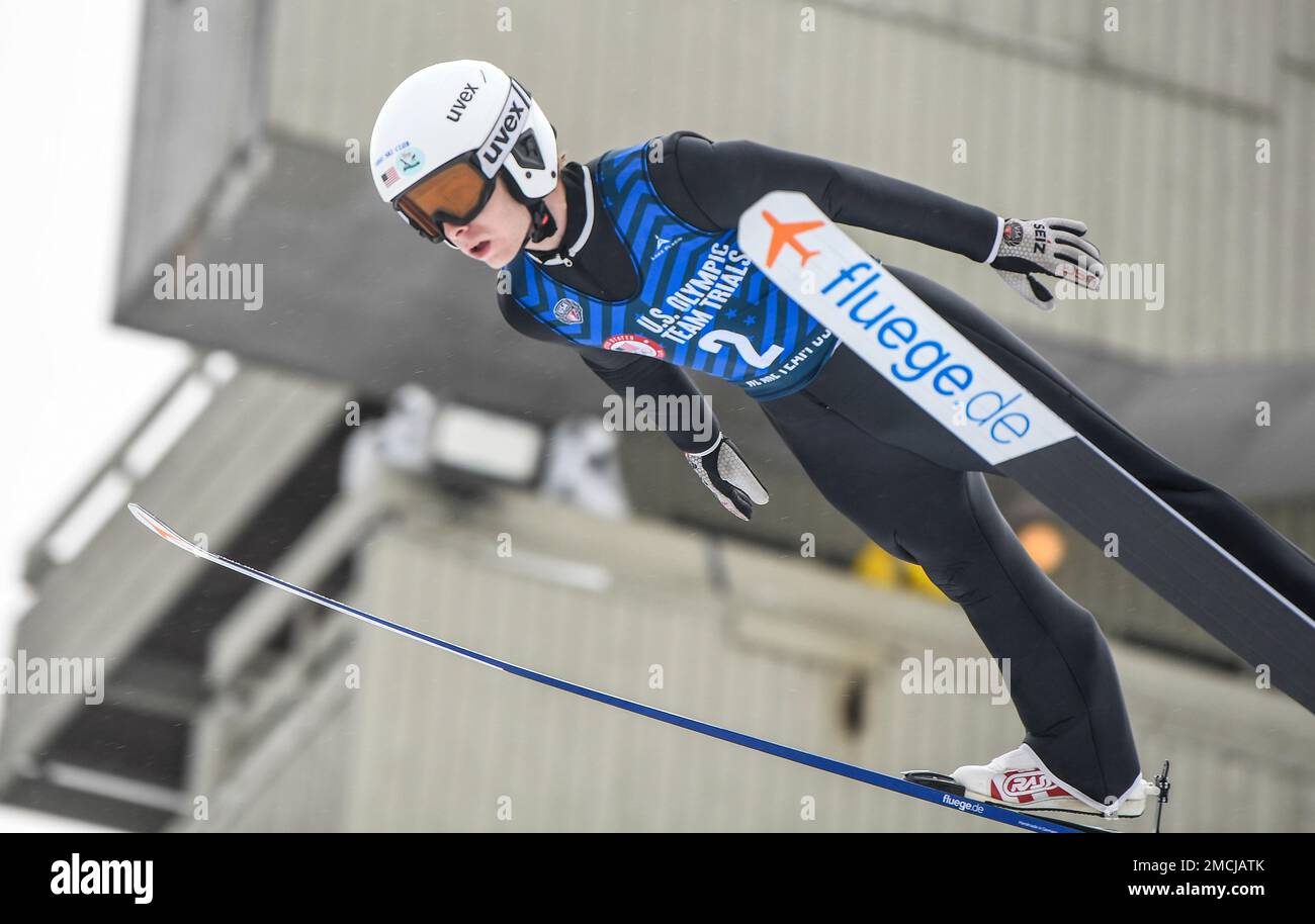 Patrick Gasienica soars through the air during the men's ski jumping ...