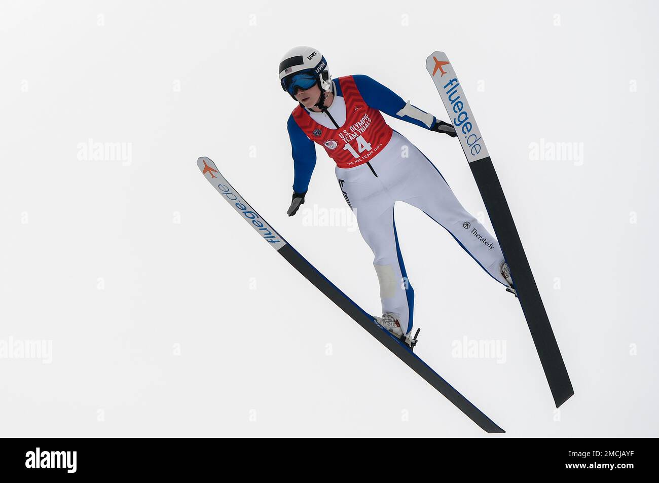 Logan Sankey soars through the air during the women's ski jumping ...