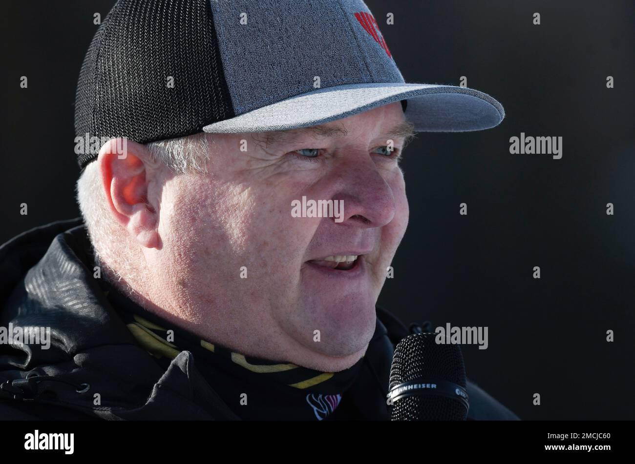 Announcer Stuart Hemsley speaks during the cross country stage of the ...