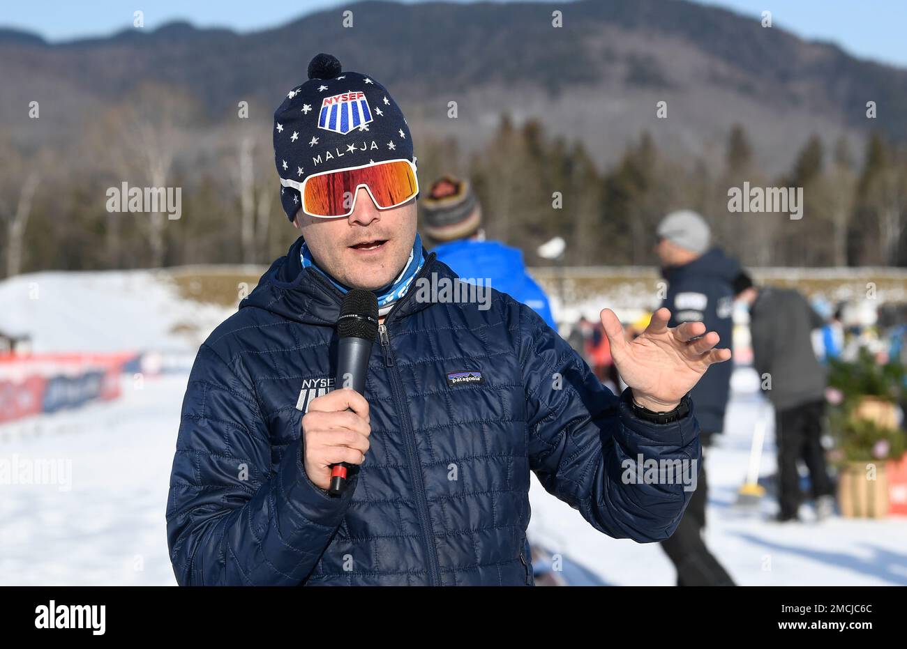 Announcer David McCahill speaks during the cross country stage of the ...