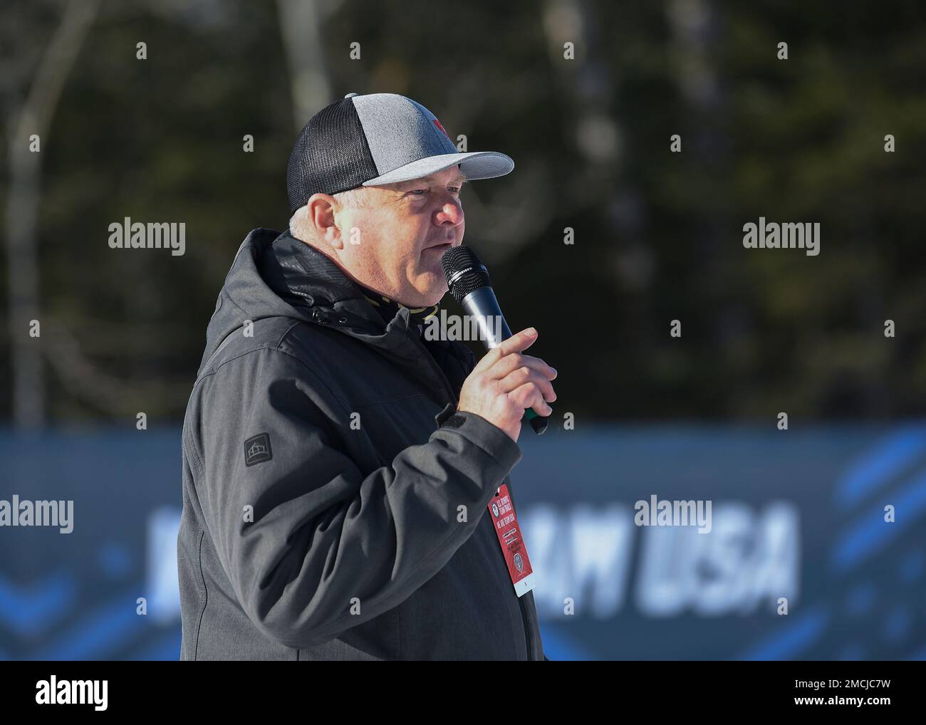 Announcer Stuart Hemsley speaks during the cross country stage of the ...
