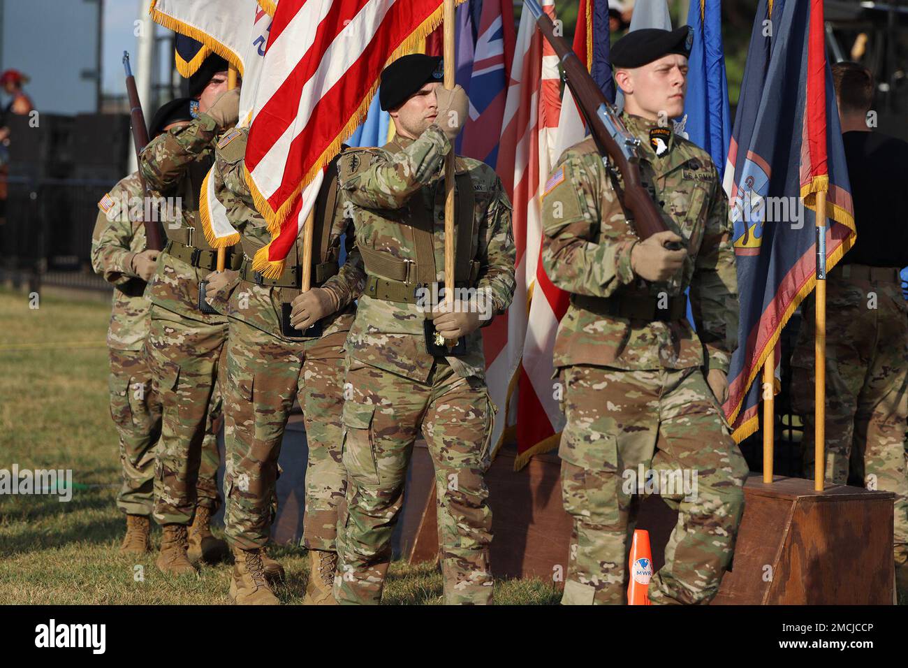 The 101st Airborne Division (Air Assault) color guard presents the ...