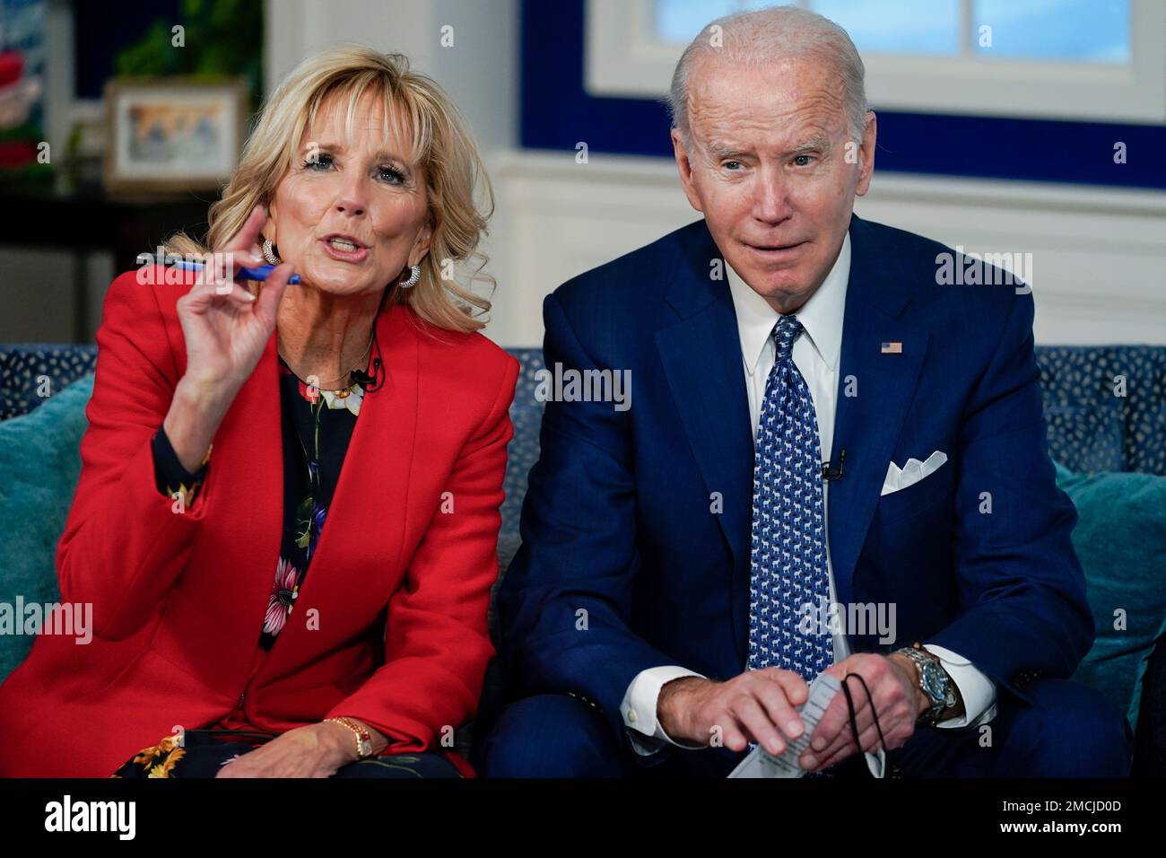 President Joe Biden and first lady Jill Biden speak with the NORAD Tracks Santa Operations ...