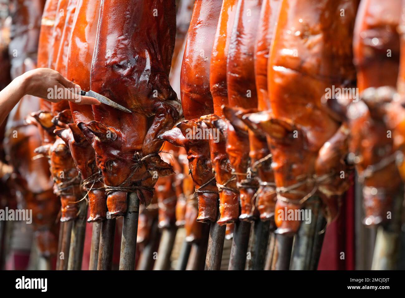 A worker scrapes the hair off roasted pigs in Manila, Philippines on ...
