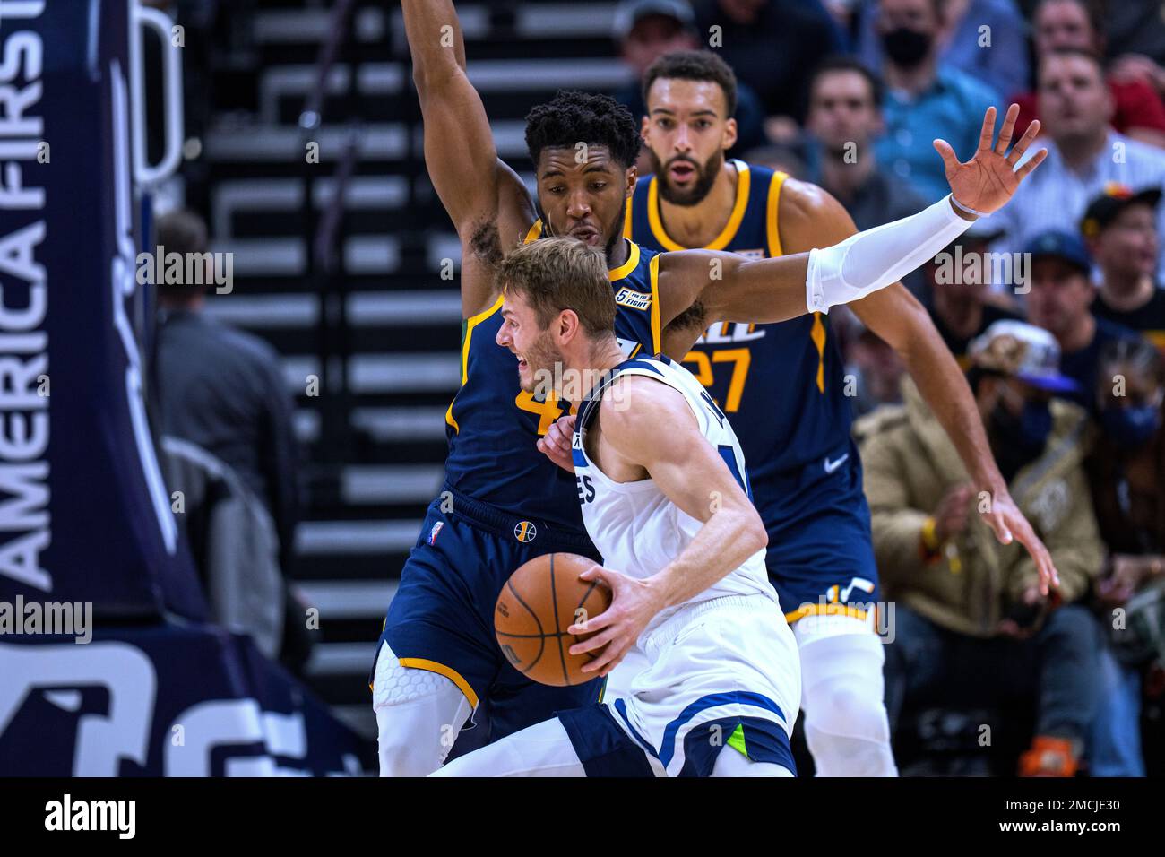 Minnesota Timberwolves forward Jake Layman is defended by Utah Jazz ...