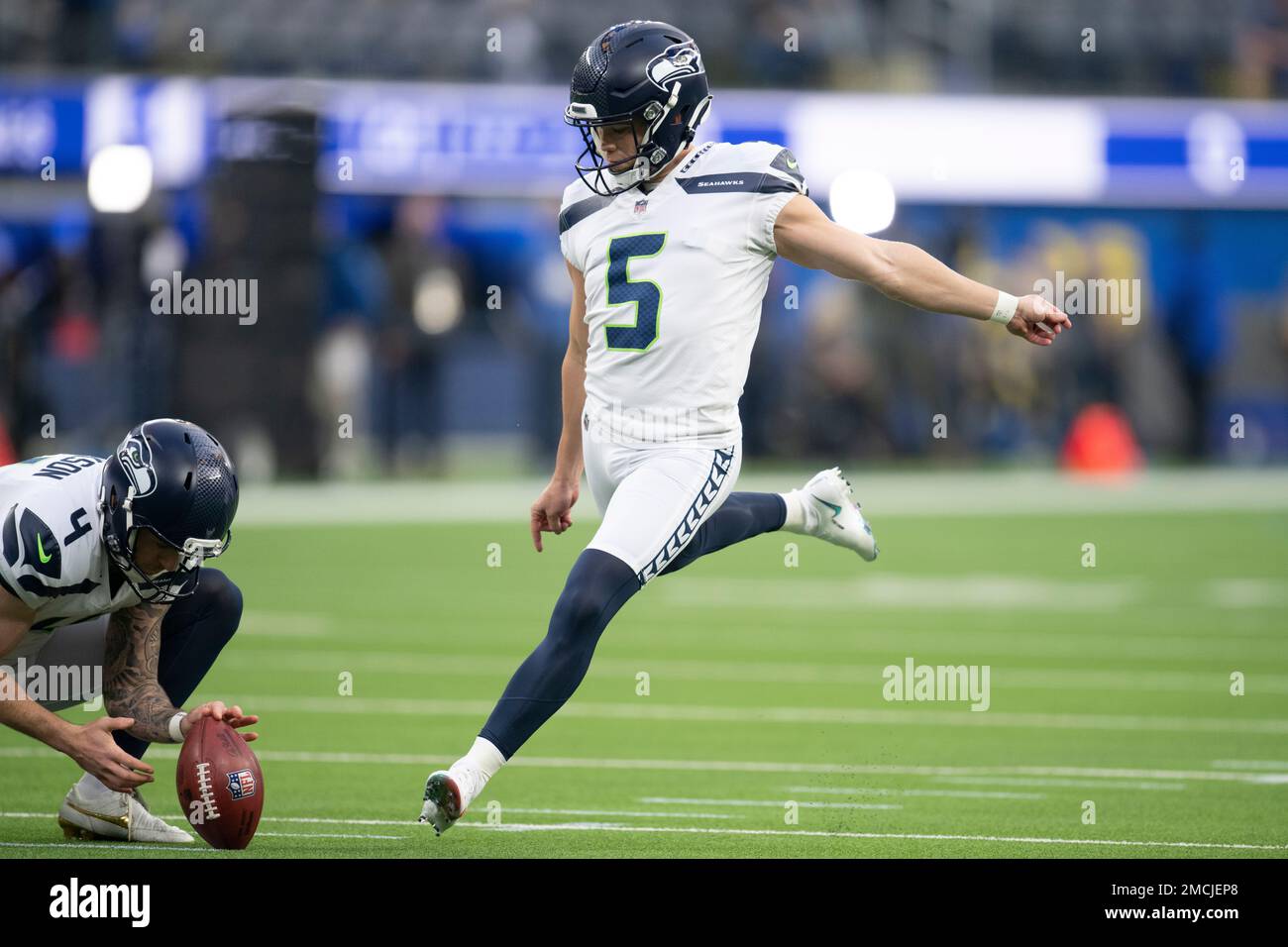 Seattle Seahawks kicker Jason Myers (5) warms up before an NFL football ...