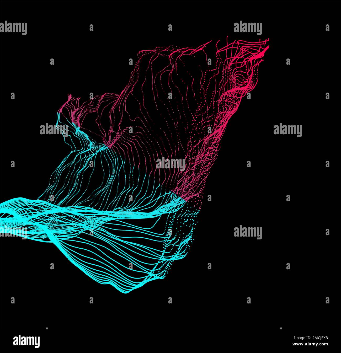 Abstract art. Array with dynamic emitted particles. Water splash imitation. Modern science and ...