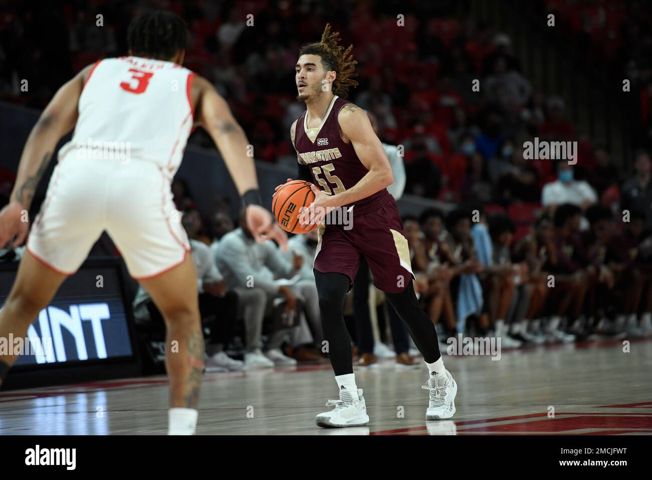 Texas State guard Drue Drinnon (55) dribble the ball down the court ...