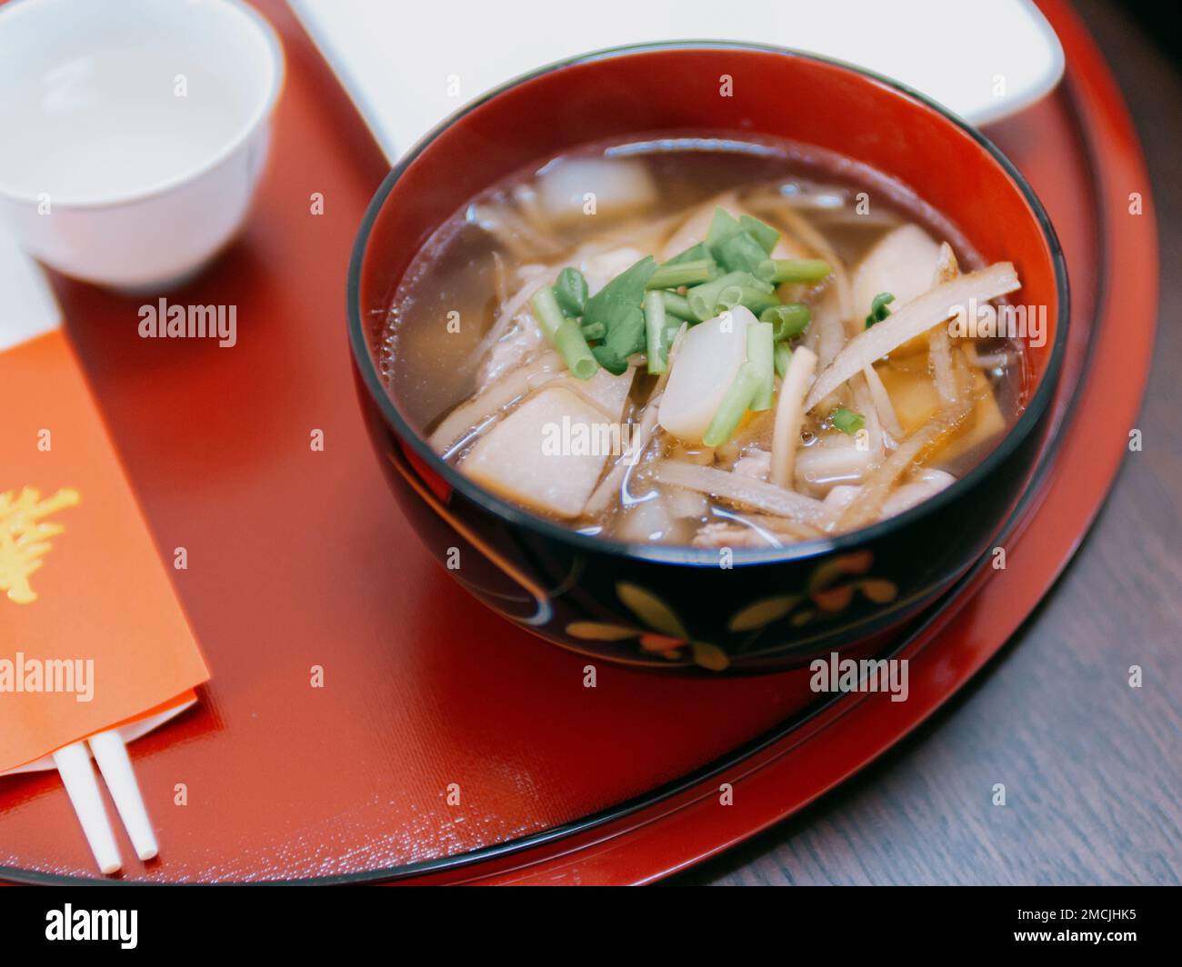 Upper natural view of the Japanese food called "zoni". A meal served on ...