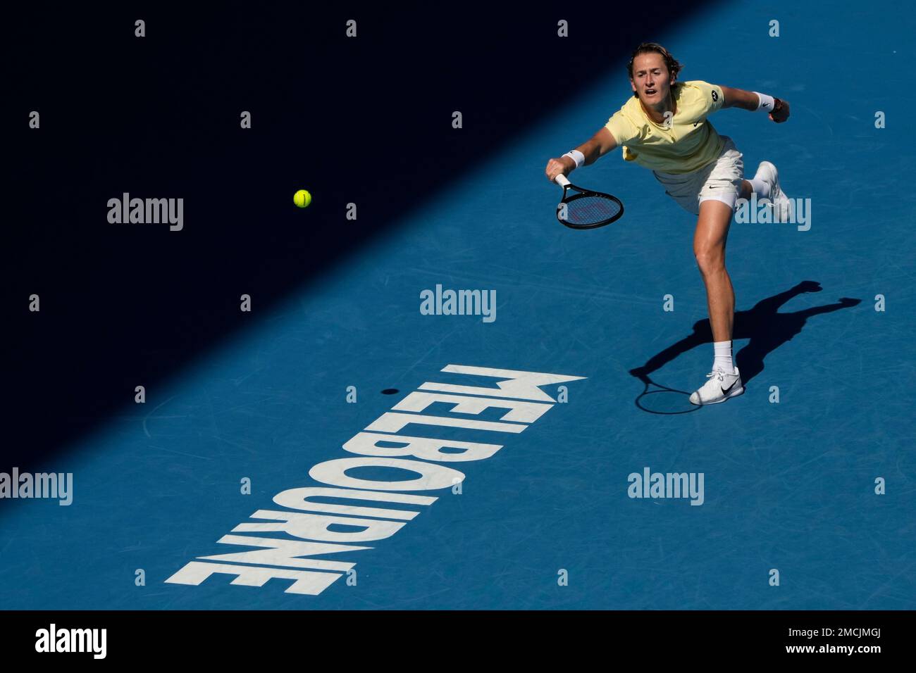Sebastian Korda of the U.S. plays a forehand return to Hubert Hurkacz of Poland during their ...