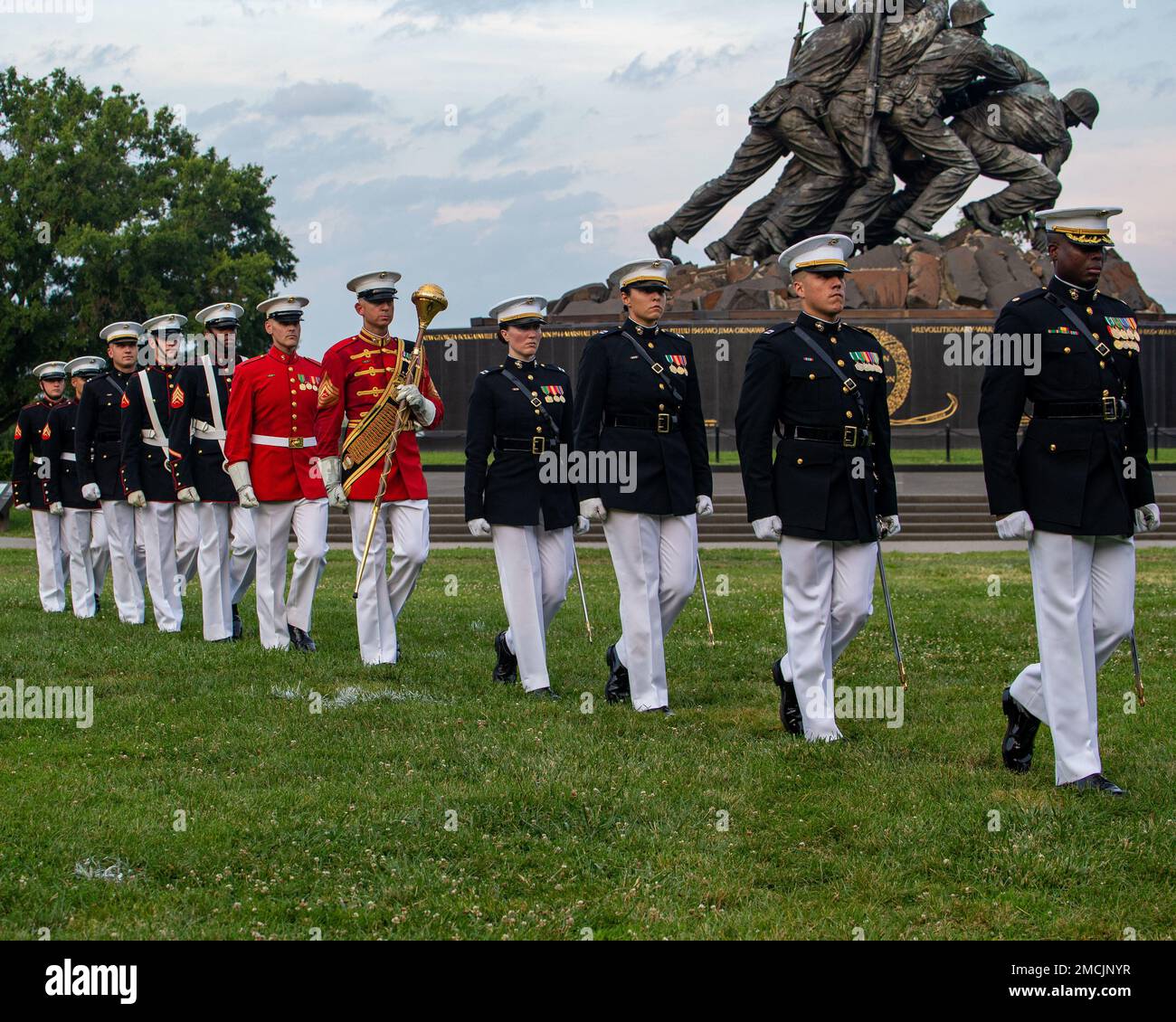 Barracks Marines march down the field after a Sunset Parade at the ...