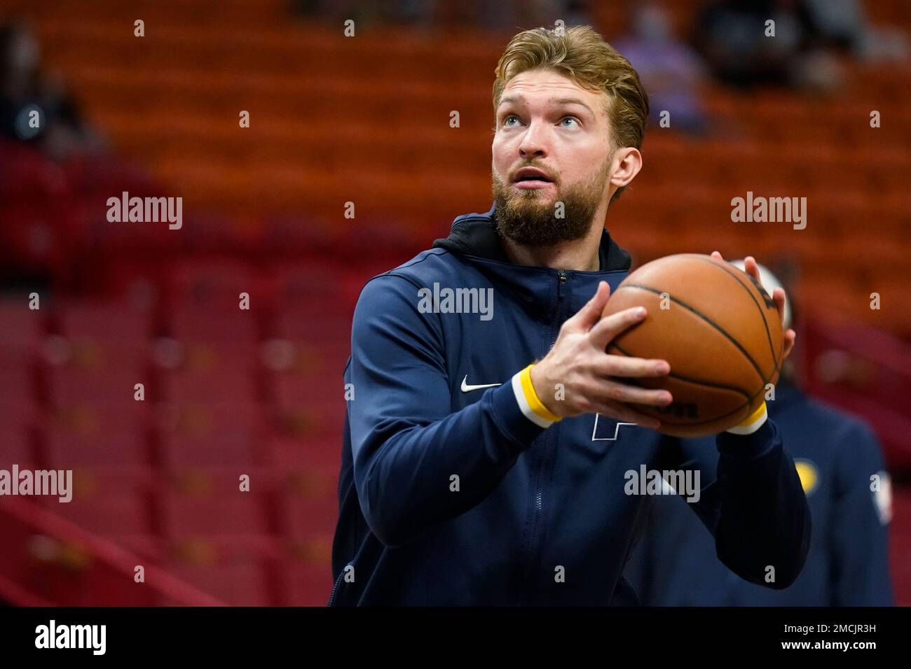 Indiana Pacers center Domantas Sabonis warms up before the start of an ...