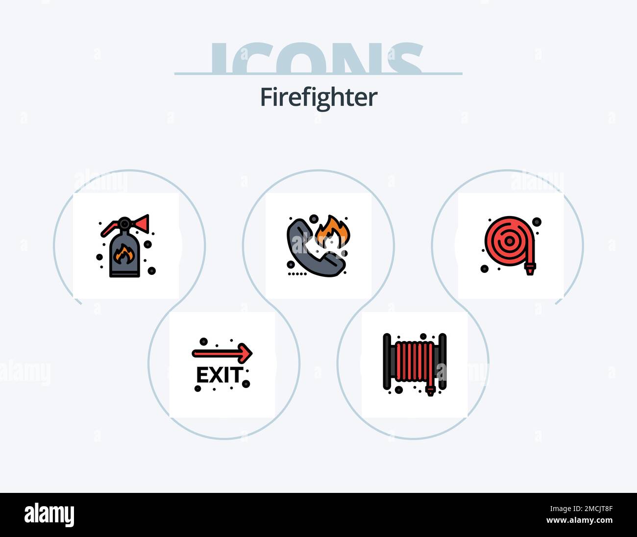 Firefighter Line Filled Icon Pack 5 Icon Design. tool. fire. place. bucket. fireman Stock Vector ...