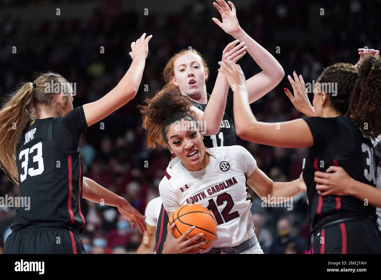 South Carolina guard Brea Beal (12) is defended by Stanford's Hannah ...
