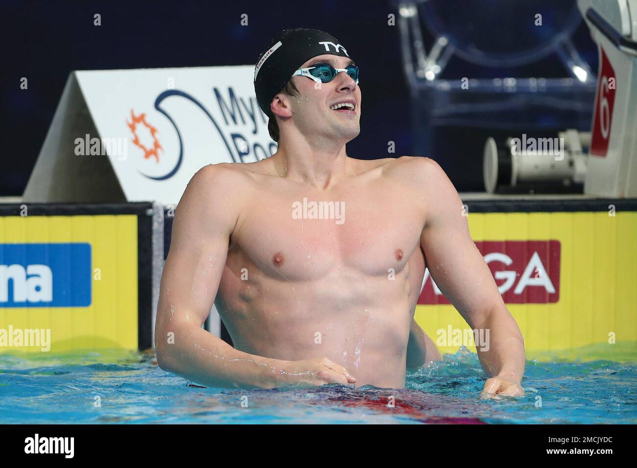 Nic Fink of the United States reacts after winning the 50 meters ...