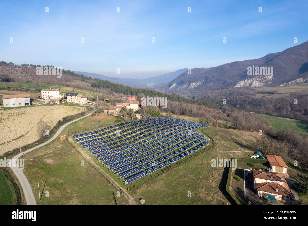 Solar cell photovoltaic panel in country landscape against sunny sky ...