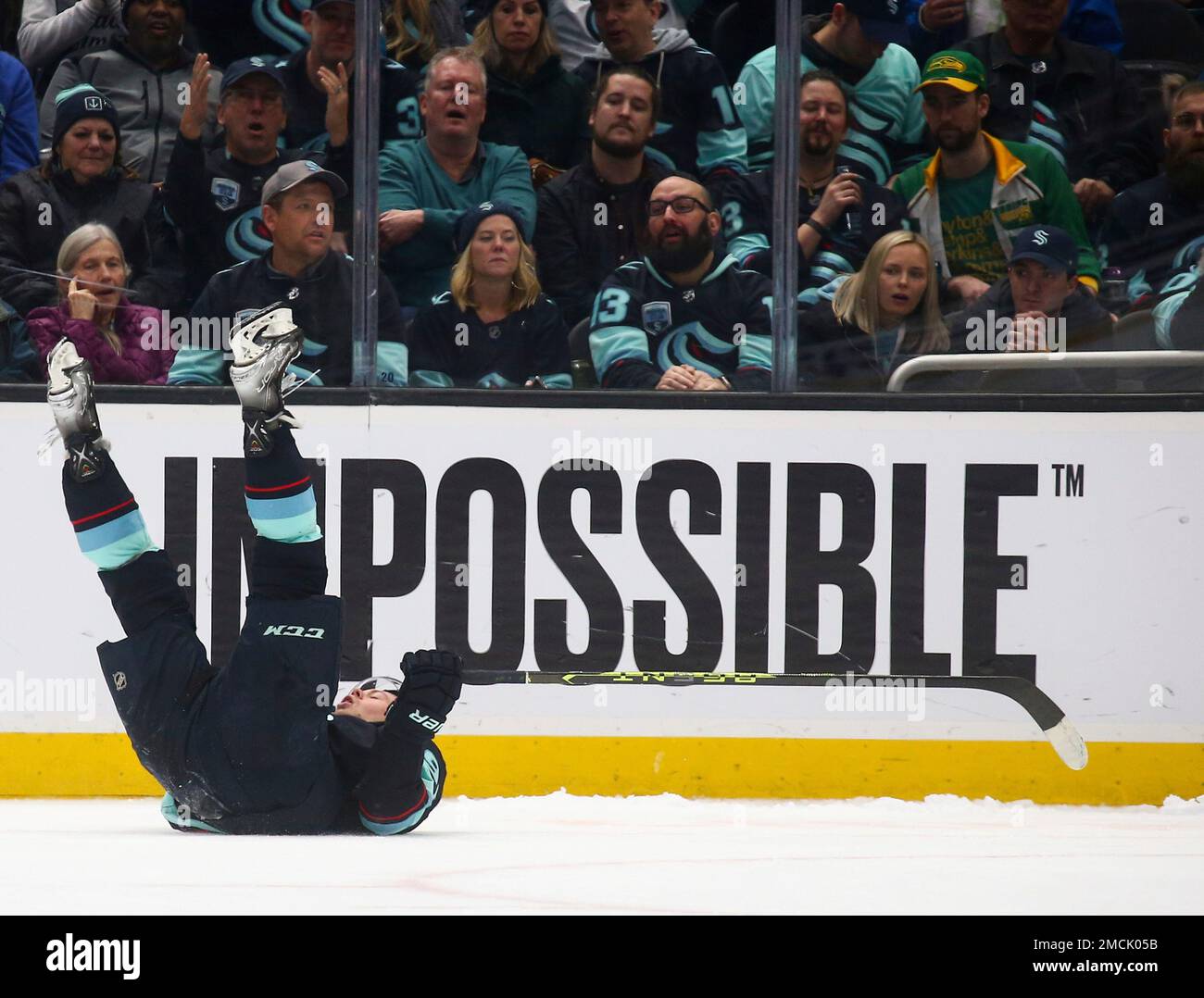 Seattle Kraken right wing Daniel Sprong (91) falls after a failed shot ...