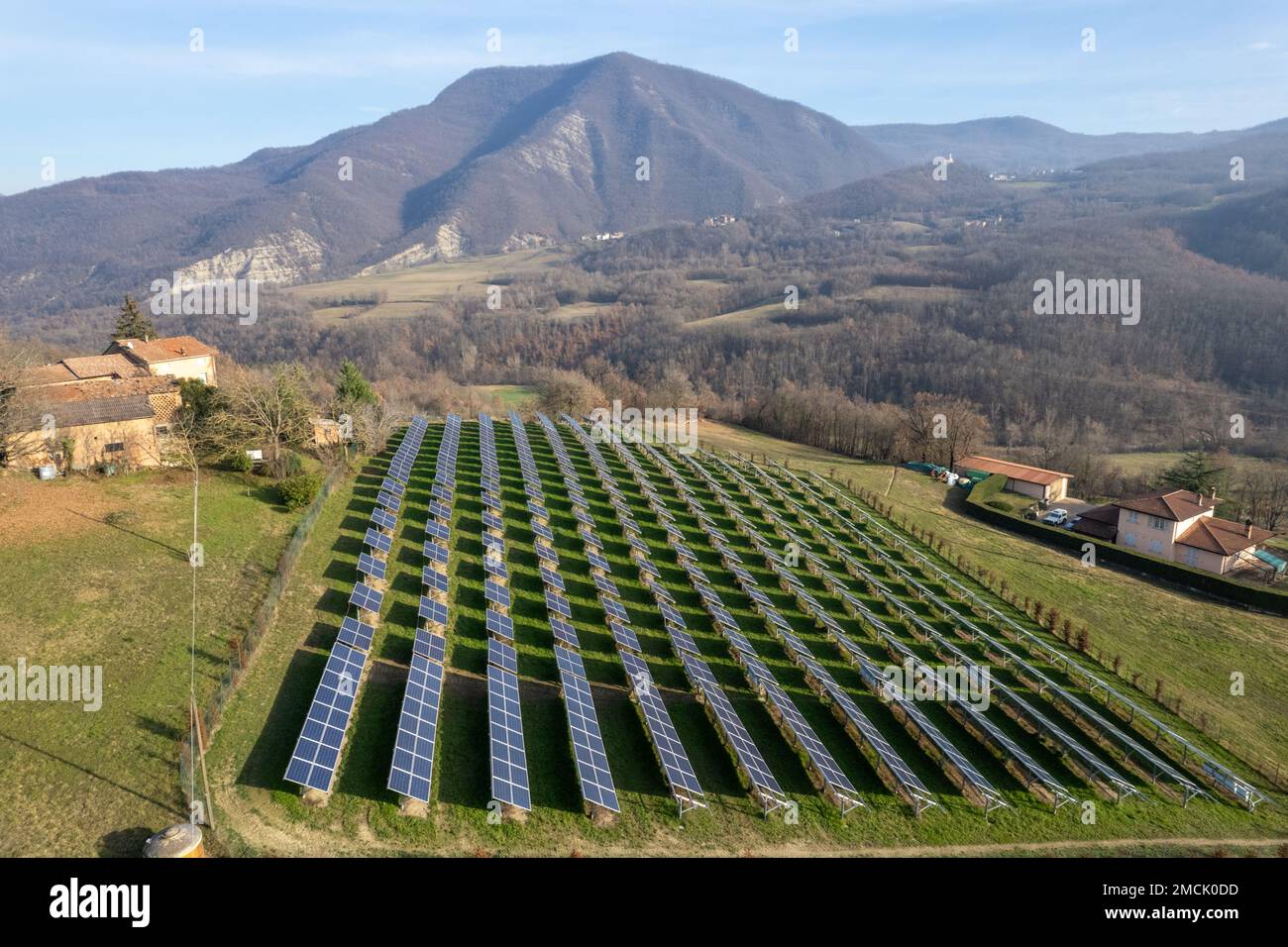 Solar cell photovoltaic panel in country landscape against sunny sky ...