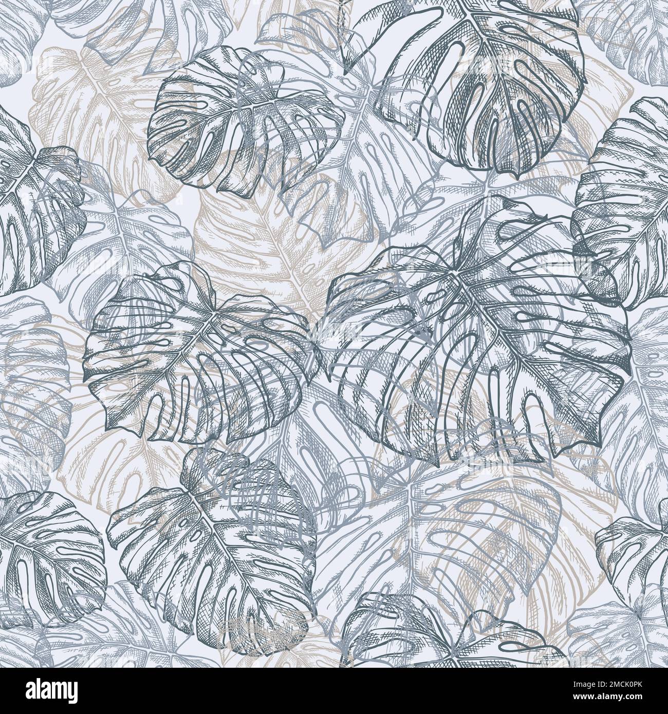 Botanical seamless pattern with leaves of tropical plants on light gray background. Pen and ink ...