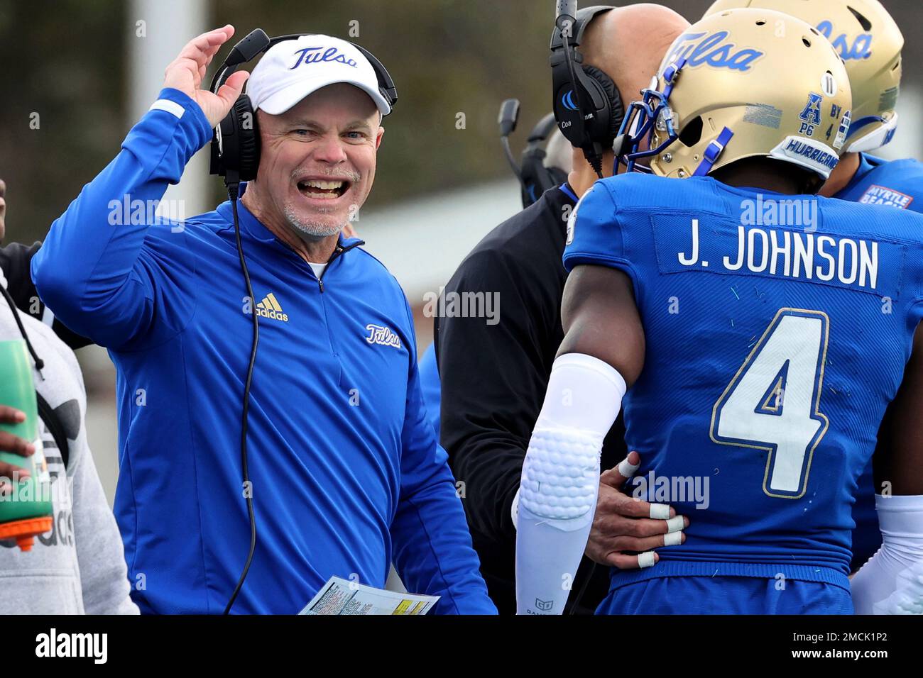 Tulsa's head coach Philip Montgomery talks to his players during a ...