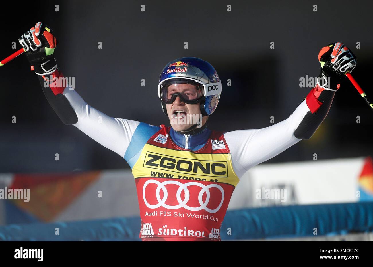 Switzerland's Marco Odermatt celebrates at finish area after winning an ...