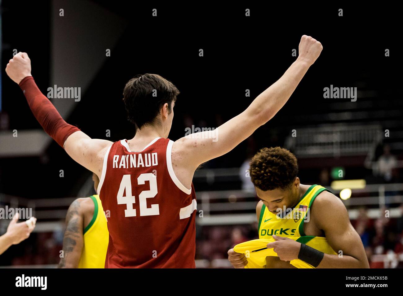 Stanford forward Maxime Raynaud (42) celebrates the team's 71-64 win ...